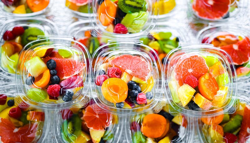Boxes with Pre-packaged Fruit Salads in a Commercial Fridge Stock Image ...