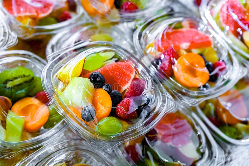 Boxes with Pre-packaged Fruit Salads in a Commercial Fridge Stock Image ...