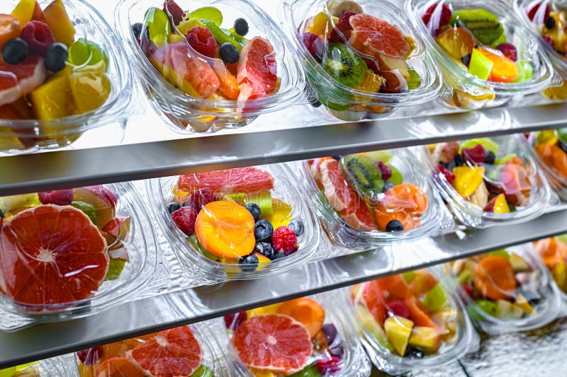 Boxes with Pre-packaged Fruit Salads in a Commercial Fridge Stock Image ...