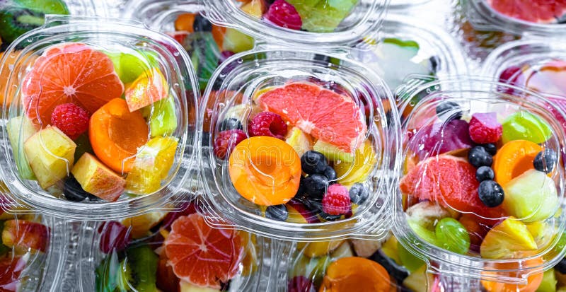 Boxes with Pre-packaged Fruit Salads in a Commercial Fridge Stock Photo ...