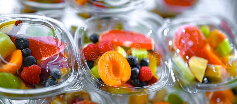 Boxes with Pre-packaged Fruit Salads in a Commercial Fridge Stock Photo ...