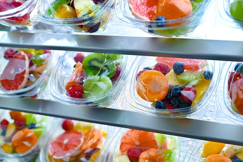 Boxes with Pre-packaged Fruit Salads in a Commercial Fridge Stock Photo ...