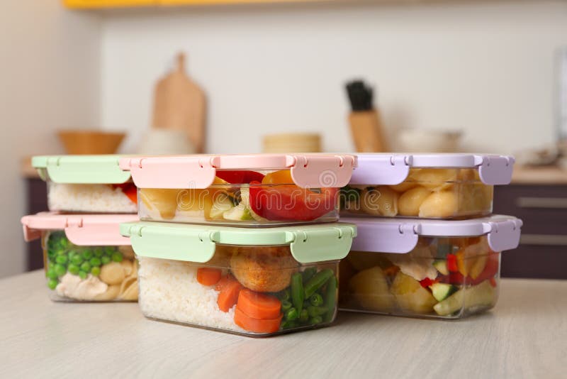Boxes with Prepared Meals on Table Against Blurred Stock Image - Image ...
