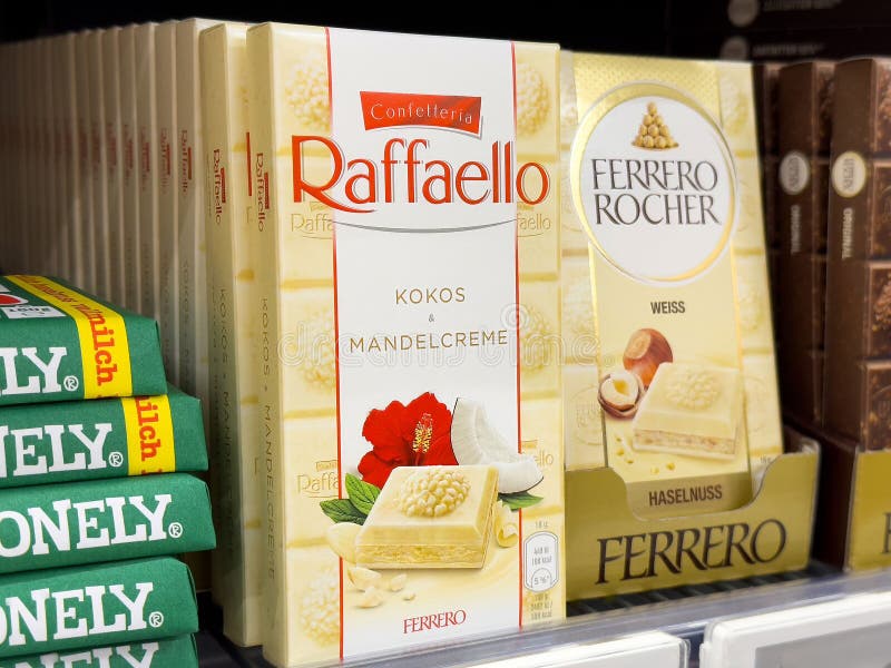 Boxes of Raffaello and Ferrero Rocher White Chocolates on Store Shelf ...