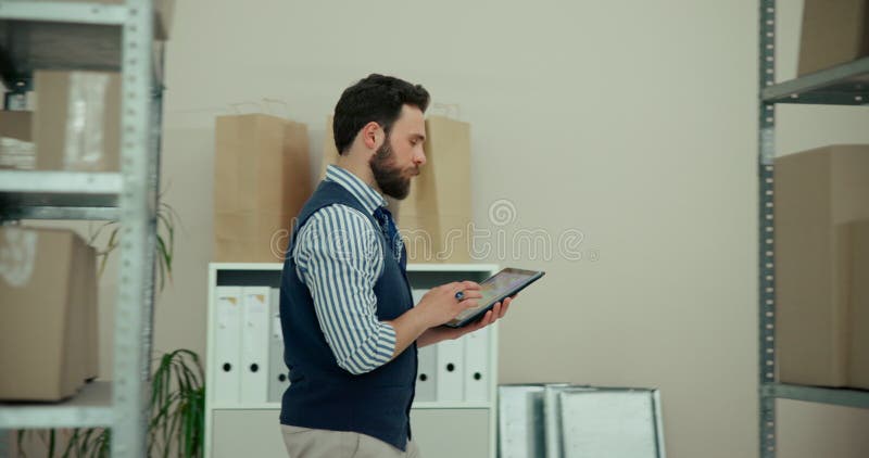 Boxes, Reading and Man with Tablet, Office and Communication for Order ...