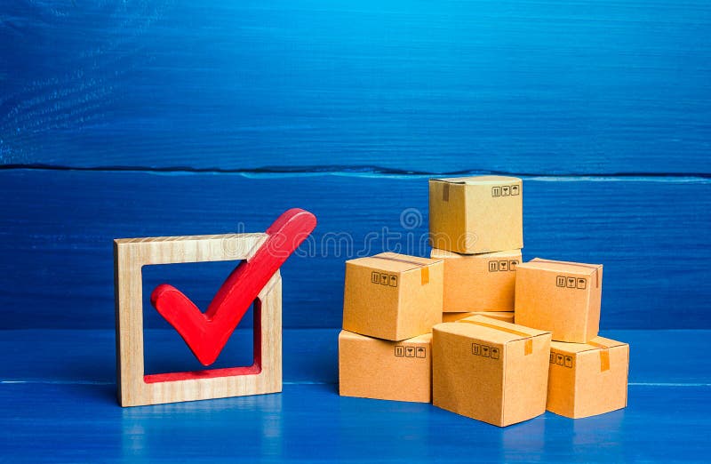 Boxes and Red Check Mark. Verification and Standardization of Goods and ...