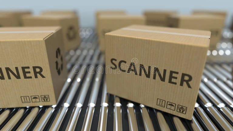Boxes with Scanners on Roller Conveyors. 3D Rendering Stock ...