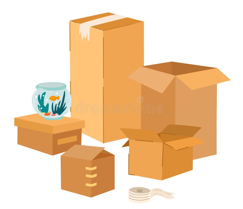 Boxes Set. Cardboard Boxes with Various Things and Plant. Moving and ...