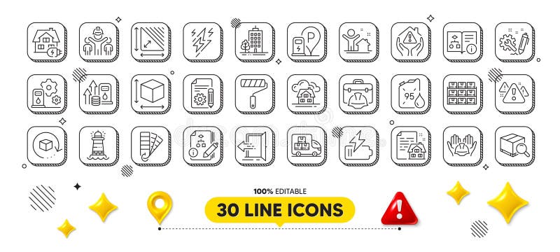 Boxes Shelf, Lightning Bolt and Triangle Area Line Icons Pack. for Web ...