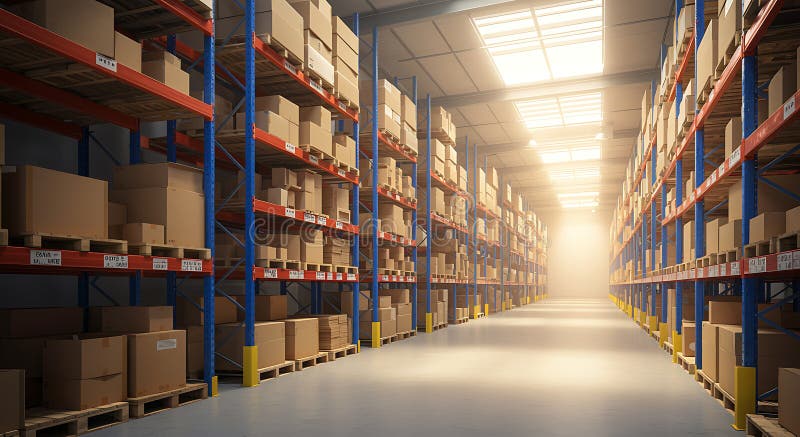 Boxes on Shelves Inside Warehouse with Perspective View and Natural ...