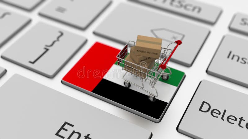Cartons with MADE in UAE Text and Shopping Cart on the Computer ...