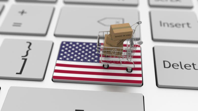Boxes with MADE in USA Text and Shopping Cart on the Keyboard ...