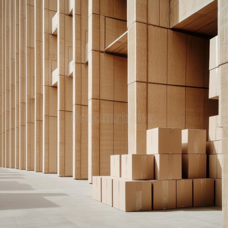 Boxes Stacked Against Modern Buildings with Textured Walls Stock ...