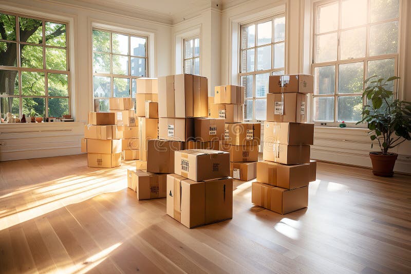 Boxes Stacked in a Living Room Due To a Move Stock Image - Image of ...