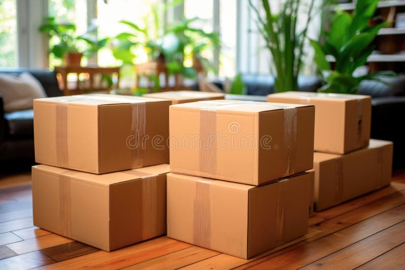 Boxes Stacked in Living Room of New House Stock Illustration ...