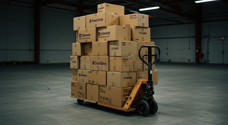 Boxes Stacked on Pallet Jack Ready for Distribution in Warehouse Stock ...