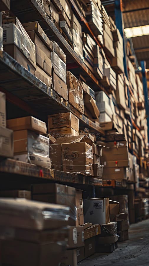 Boxes Stacked in Warehouse Aisle, Morning Light, Industrial Storage ...