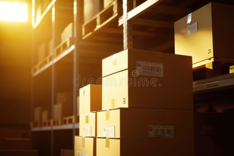 Boxes Stacked on a Warehouse Shelf, Suitable for Storage and Inventory ...