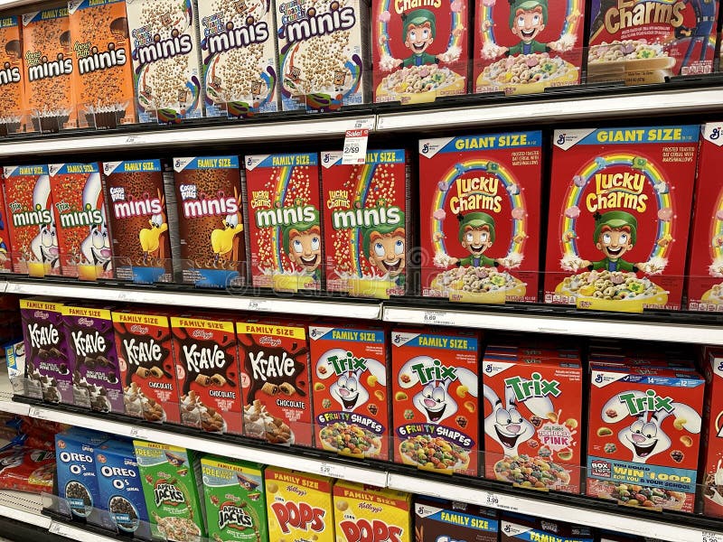Boxes of Sugary Breakfast Cereals on an American Store Shelf Editorial ...