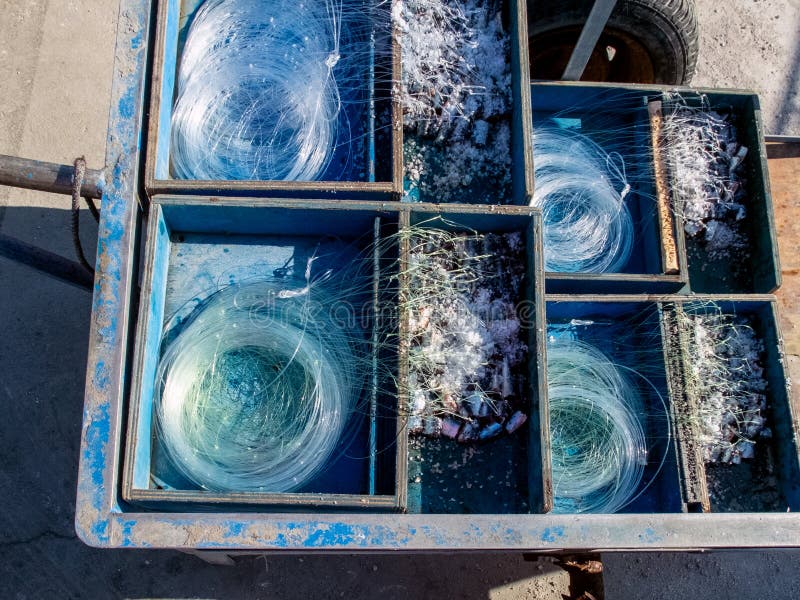 Boxes with Line Prepared for Fishing with Hooks and Bait Stock Image ...