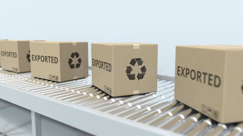 Boxes with EXPORTED Text on Roller Conveyor. 3D Rendering Stock ...