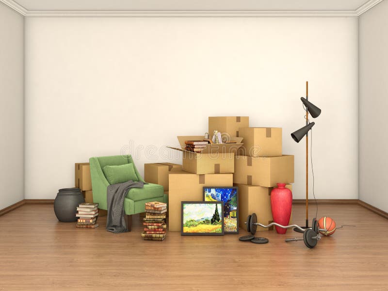 Boxes with Things in Empty Room, Stock Illustration - Illustration of ...
