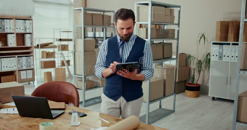 Boxes, Typing and Man with Tablet, Office and Communication for Order ...