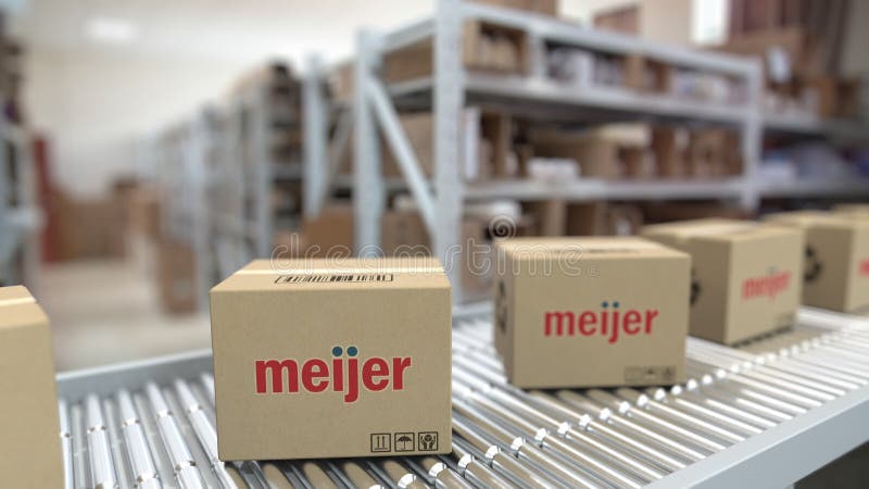 Cartons with Meijer Logo on Conveyor. Editorial Looping 3d Stock ...