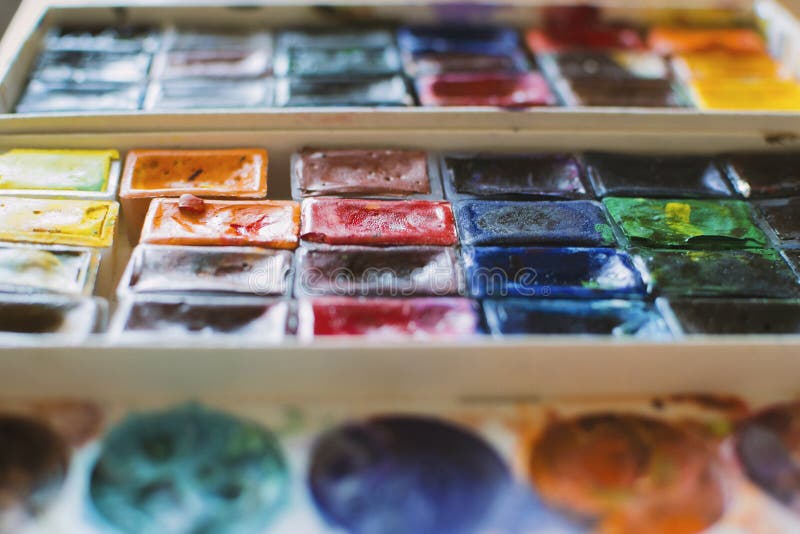 Watercolors in boxes stock photo. Image of paintbrush - 221607916