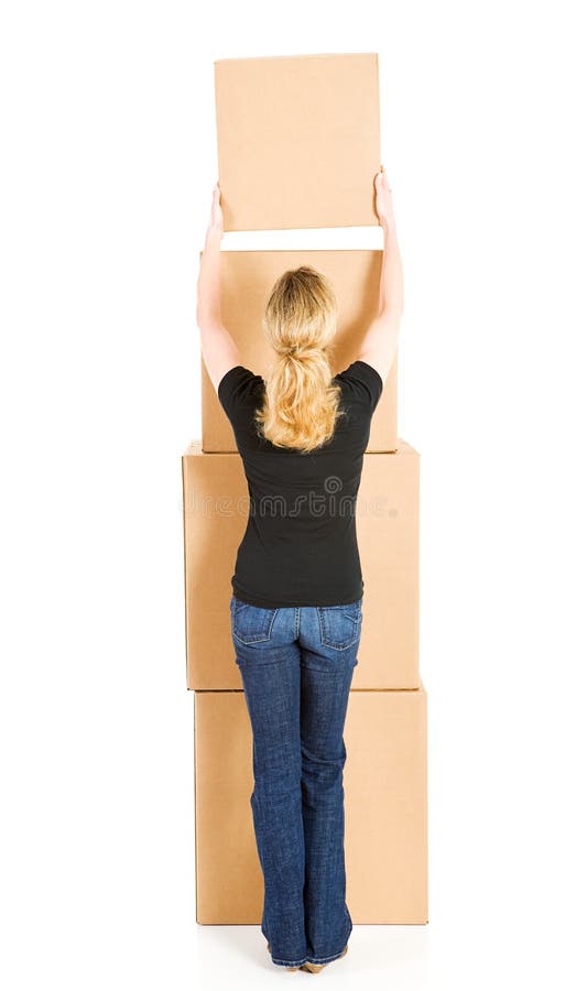 Boxes: Woman Adding Another Box To Stack Stock Photo - Image of rear ...