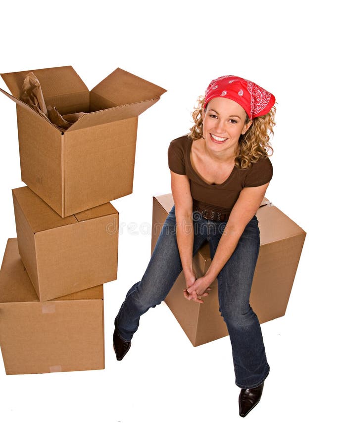 Boxes: Woman Sitting on Cardboard Box Stock Image - Image of isolated ...