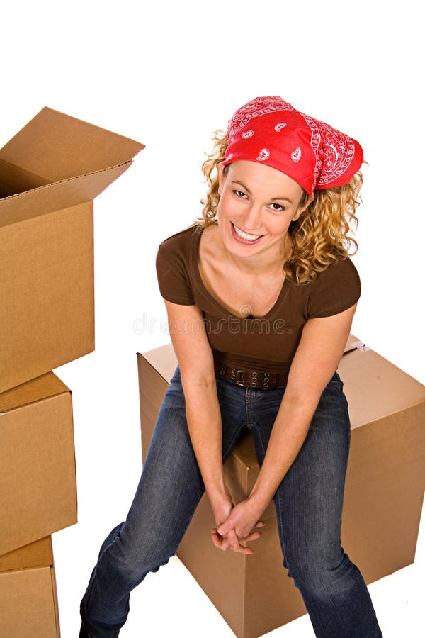 Boxes: Woman Taking a Break from Packing Stock Image - Image of looking ...
