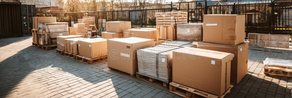 Boxes and Wrapped Tools Ready for Shipment in Sunny Yard with Open ...