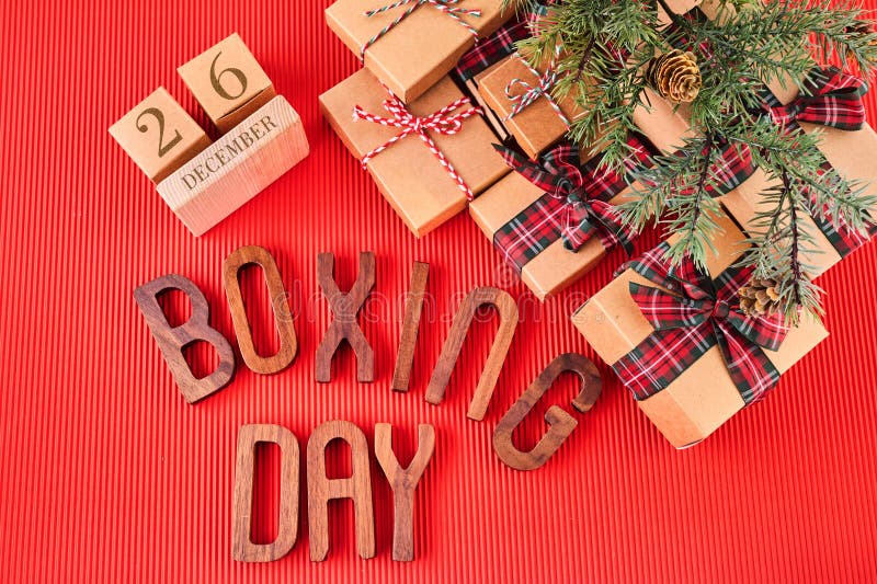 Boxing Day Concept. Different Kinds of Gift Boxes on Red Background ...
