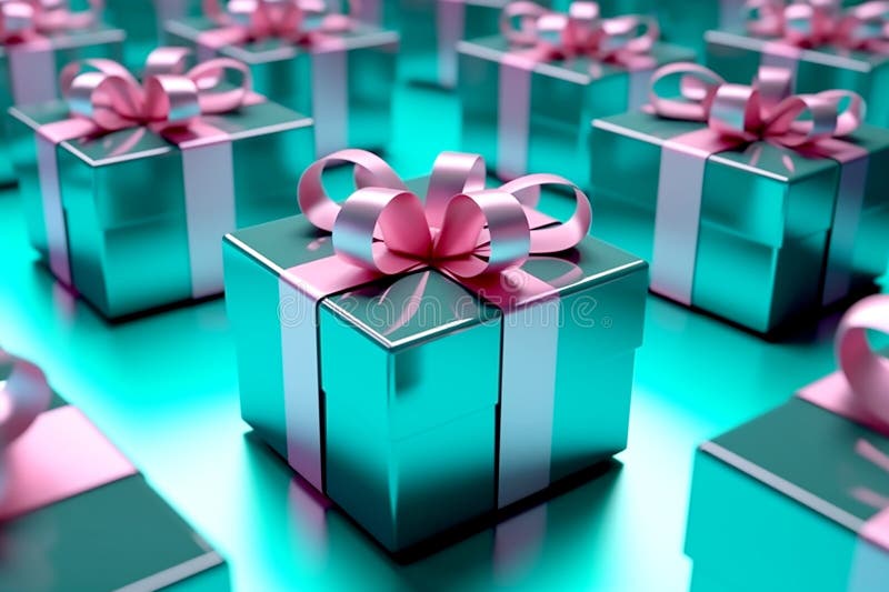 Mint Gift Boxes with Pink Bows on Mint Background. Generative AI Stock ...