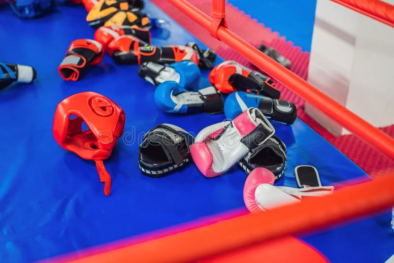 Boxing Equipment on the Ropes of a Boxing Ring Stock Image - Image of ...