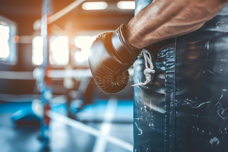 Boxing Glove Hitting Punching Bag in Gym with Sunlight Streaming ...