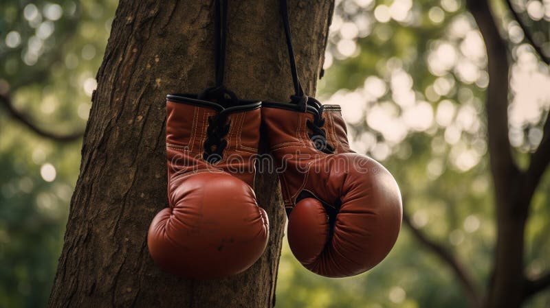 Boxing Gloves Hanging from Tree Branch Stock Image - Image of martial ...