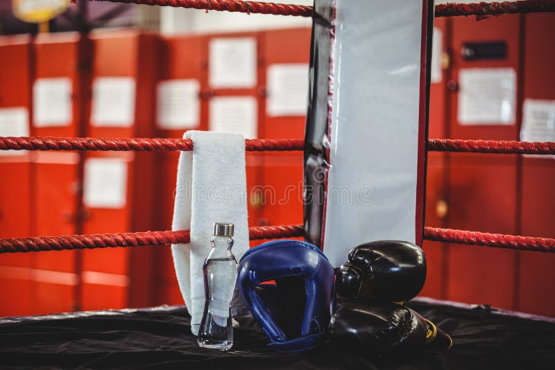 Boxing Gloves, Headgear, Water Bottle and a Towel in Boxing Ring Stock ...