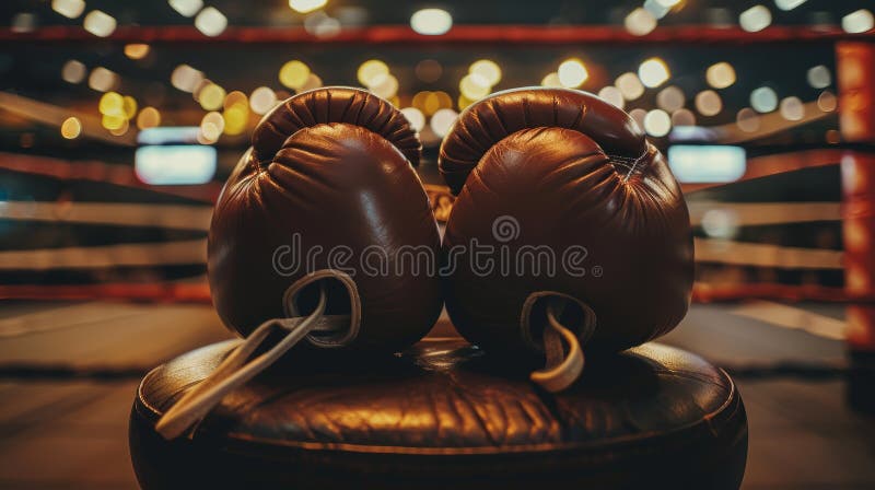 Boxing Gloves on Stool in Boxing Ring with Bokeh Lights in Background ...