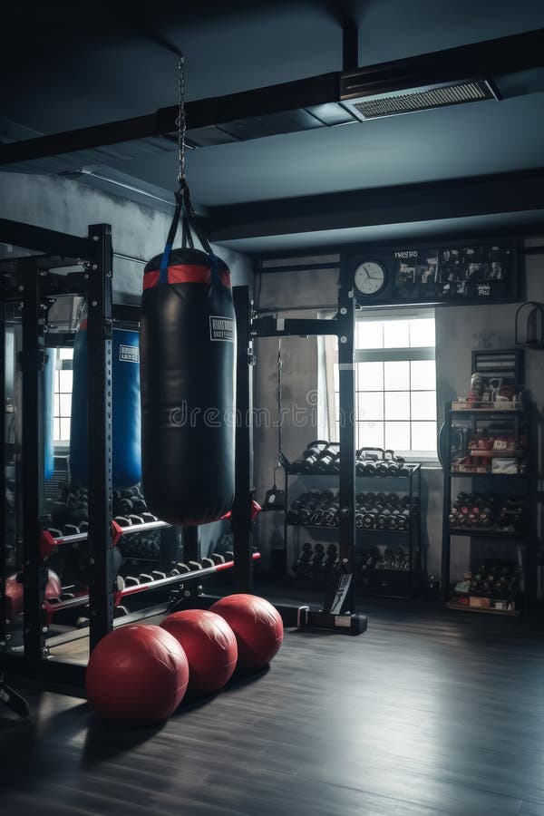 A Boxing Gym with a Red and Black Bag Hanging from the Ceiling Stock ...
