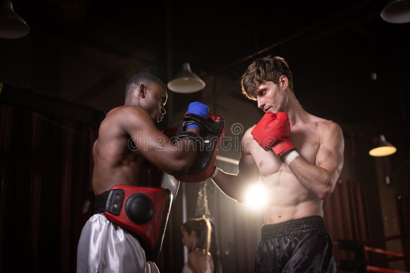 Young Adult Man Doing Kickboxing Training with Boxing Partner. Stock ...