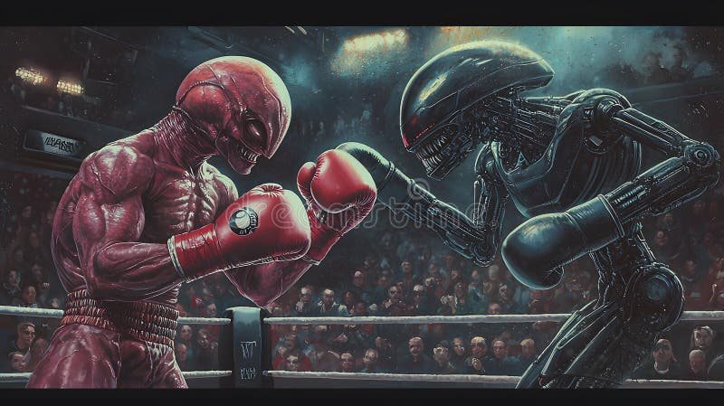 Boxing Match Human Vs. Robot Arena Digital Art Nighttime Dynamic ...