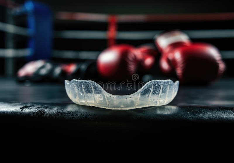 Boxing Mouth Guard on Ring Canvas with Red and Black Boxing Gloves in ...