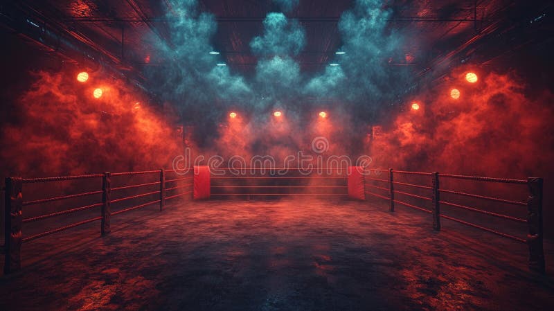 Boxing Ring Adorned with Slightly Worn Ropes is Enveloped in Smoke and ...
