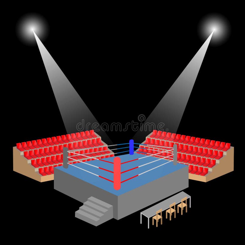 Boxing Ring Surrounded by Spotlight on Dark Background with Scoreboard ...