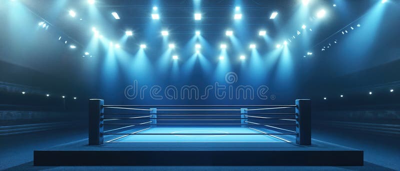 A Boxing Ring with a Blue Background and Lights. the Lights Illuminate ...
