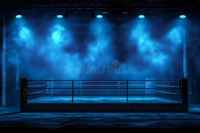 A Boxing Ring in a Dark Room with Blue Lights Stock Image - Image of ...