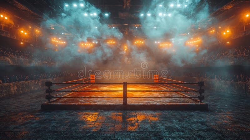 Boxing Ring Dominates the Arena Surrounded by a Cloud Thick Smoke and ...