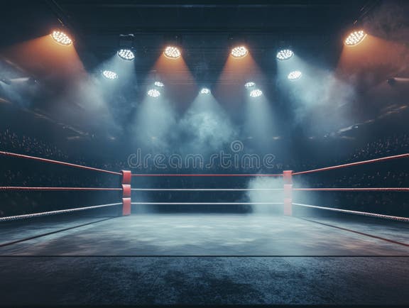 Boxing Ring is Dramatically Illuminated by Overhead Spotlights with ...